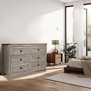 CATMIX Farmhouse 6 Drawers Dresser, Wood Double Dresser Chest of Drawers Wide Storage Organizer Cabinet for Bedroom, Living Room, Rustic Grey