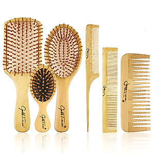 BestFire 6 in 1 Hair Brush Comb for Men Women Handle Bamboo Bristle Hairbrush Set with Tail Comb, Tooth Comb, Double Head Comb, 3 Different Air Cushion Massage Brush for Massaging Scalp