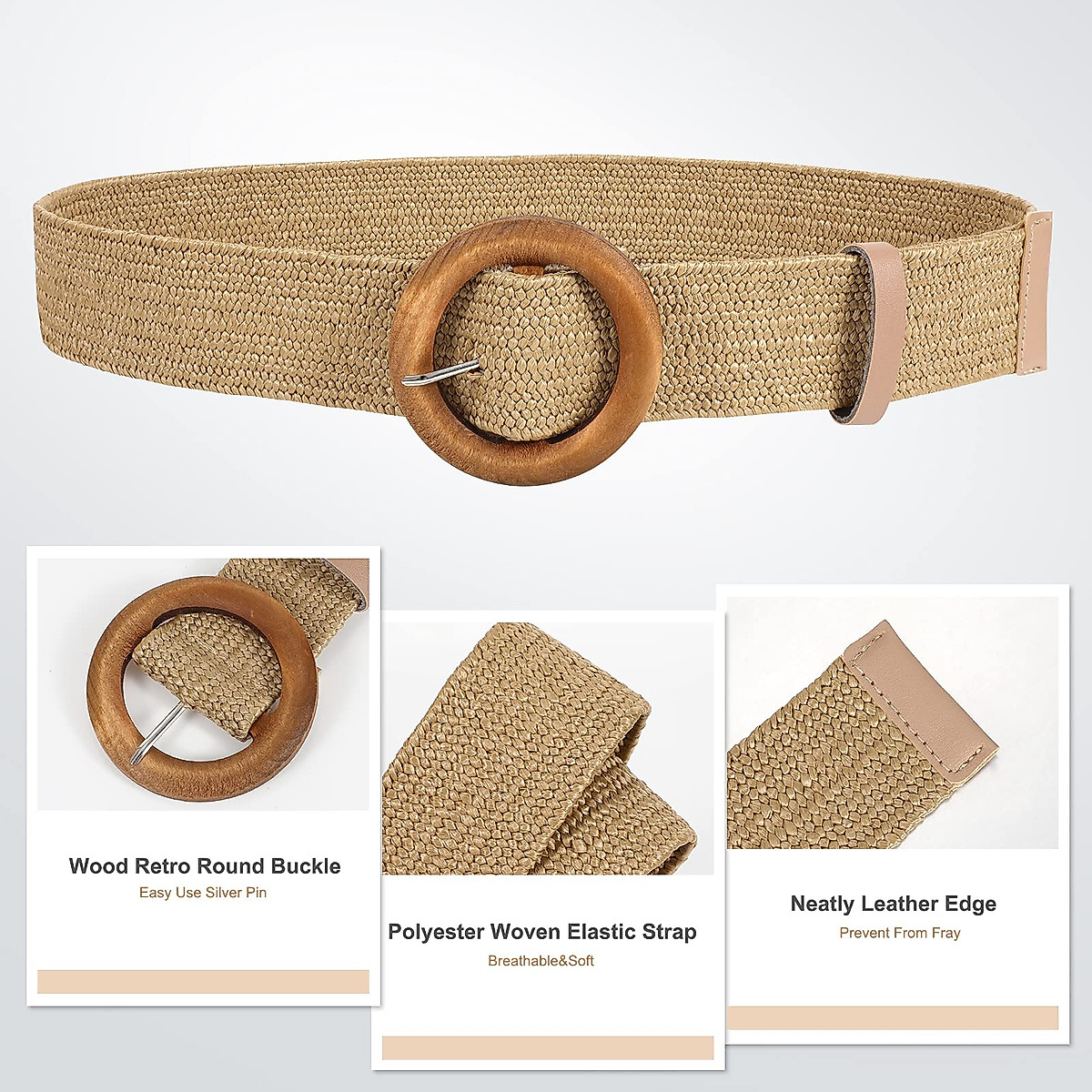 JASGOOD Set of 4 Women Skinny Elastic Dress Belt, Straw Woven Stretchy Waistband Fashion Large Style Buckle (Black+Beige+Stripe+Khaki,Waist Size Below 35 Inch)