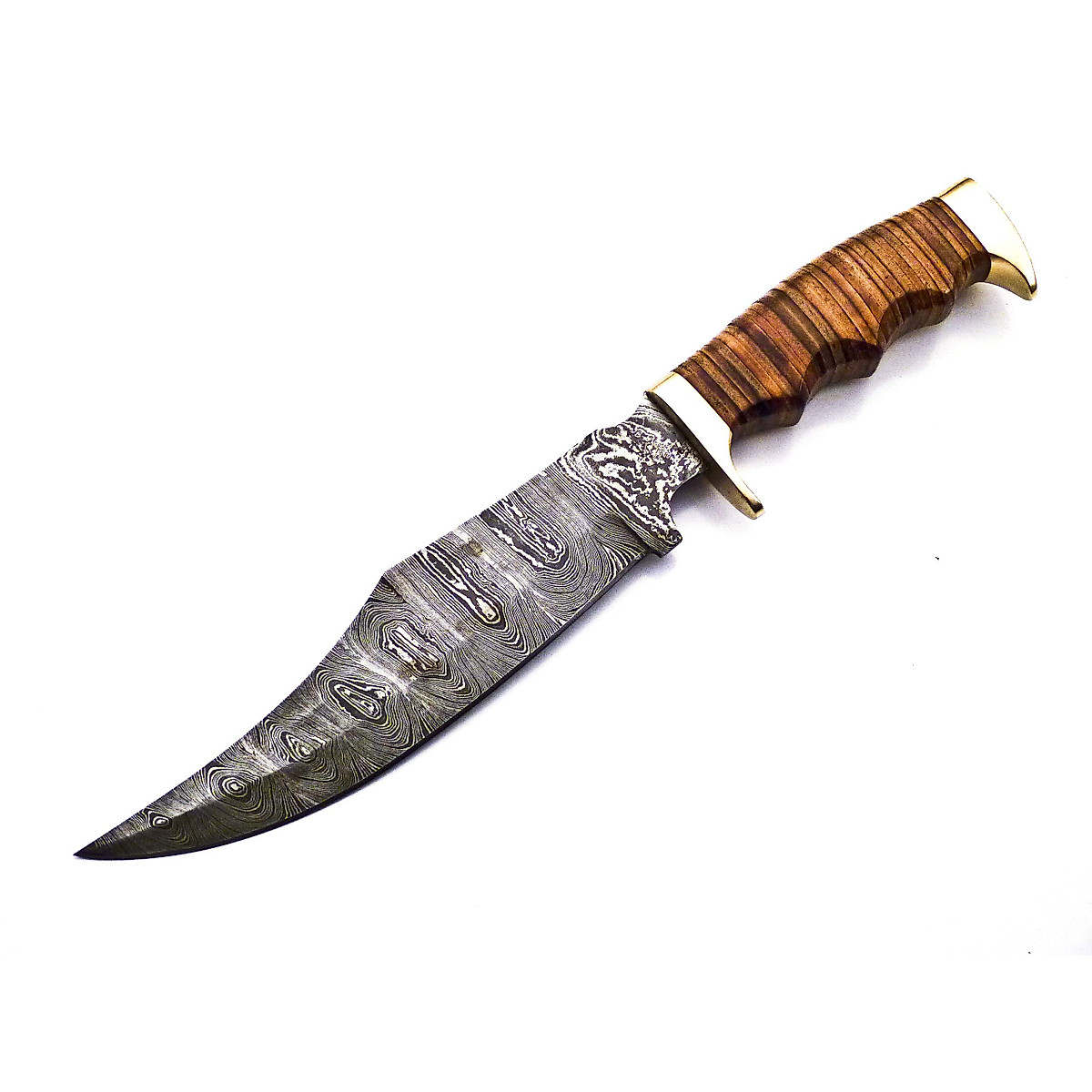Skokie Knives Custom Hand Made Damascus Steel Hunting Knife Handle Leather Stacked with Brass Spacer (Stacked)
