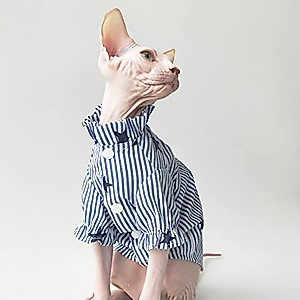 Sphynx Hairless Cat Shirt Clothes, Pet Cat Formal Wear Handsome Stripe Shirt with Detachable Tie Collar, Summer Breathable Cat Vest Apparel for Cornish Rex, Devon Rex, Peterbald (Small, Girls)