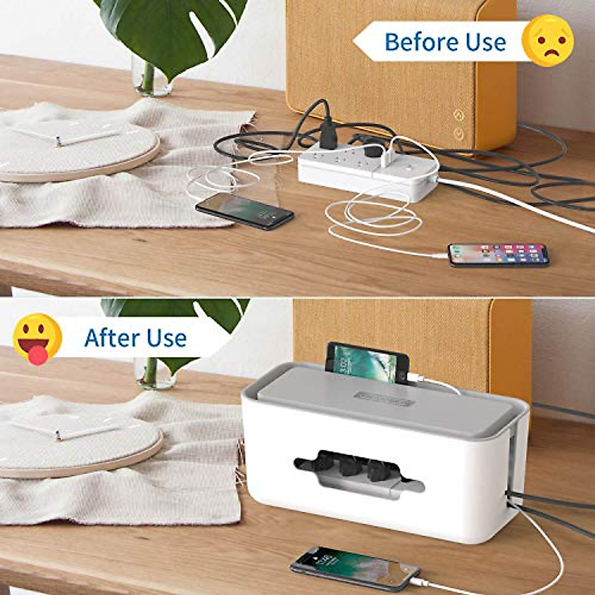 Surge Protector Power Strip with Cable Management Box, 6 Outlets and 2 USB Ports with Switch Control, Flat Plug, 5ft Heavy-Duty Extension Cord, Cord Organizer Box for Home and Office - White