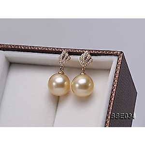 JYX Pearl Classic 14K Gold Earrings AAA Quality Genuine 11mm Round Golden South Sea Cultured Pearl Drop Earrings for Women