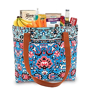 DEMOMENT Canvas Grocery Tote With Zipper for Women Lightweight Organizer Utility Bag For Travel Shopping Beach Work Gym (blue)