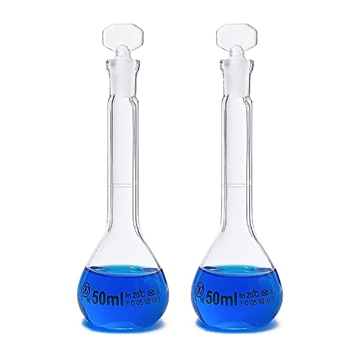 50ml Volumetric Flask with Ground Glass Stopper, Class A, 3.3 Borosilicate Glass with White Graduation, HUAOU, Pack of 2