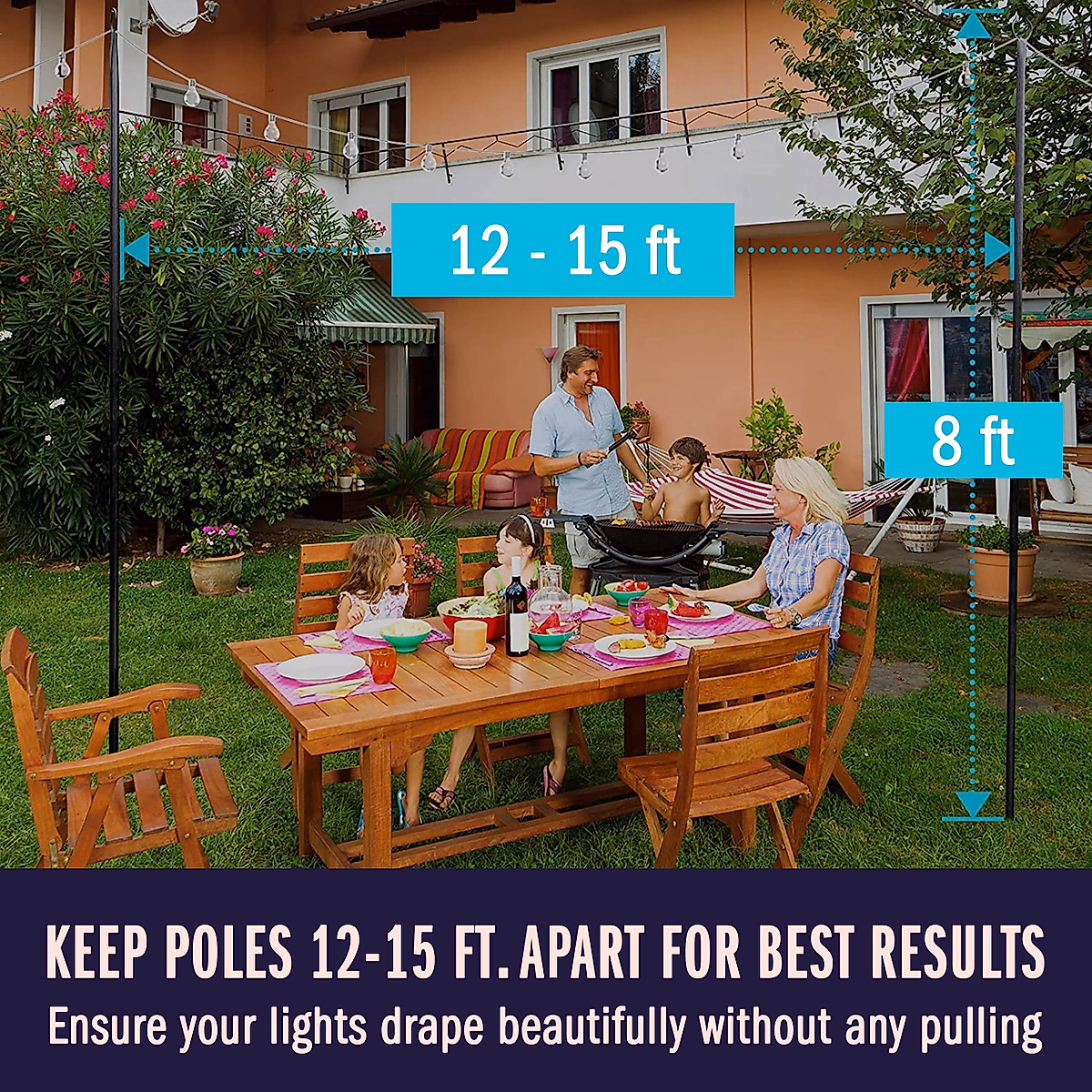 Holiday Styling String Light Poles for Outdoor String Lights - Metal Light Pole w/Hooks for Outdoor String Lighting - Patio Light Accessories Ideal for Backyard, Weddings, and Parties