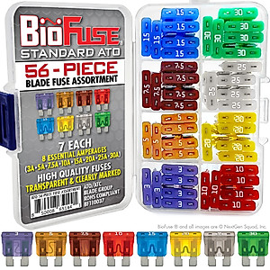 BioFuse Standard ATO 56 Piece Automotive Car Fuse Assortment Pack: Set of 56 ATO Regular Blade Fuses 3A 5A 7.5A 10A 15A 20A 25A 30A (Blade Group: ATO, ATC, ATS, APR)
