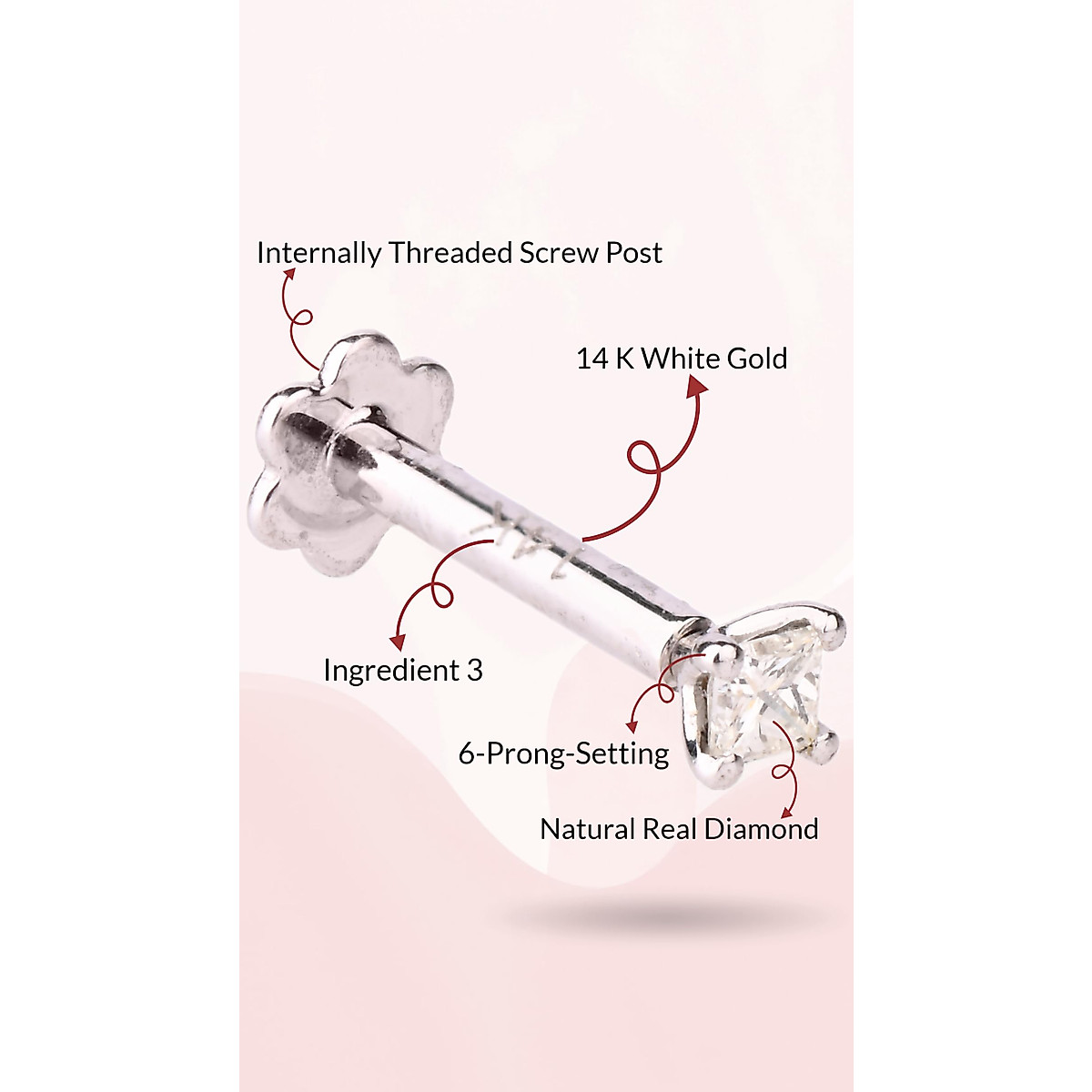 Demira Jewels 14K White Gold Diamond Nose Ring in Princess Cut - Choose Your Size: 1.9mm to 3mm, 16G Gauge, 8mm Length - Nickel-Free.