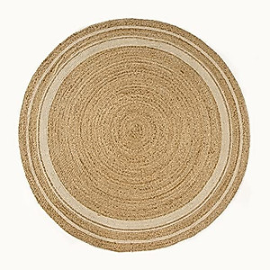 GRUHUM Jute Cotton Area Rug 4ft - Natural Fiber Round Handmade Boho Farmhouse Jute Area Rug Soft Braided Rustic Vintage Reversible Rug for Indoor Kitchen Bedroom Living Room Hallways Enterway