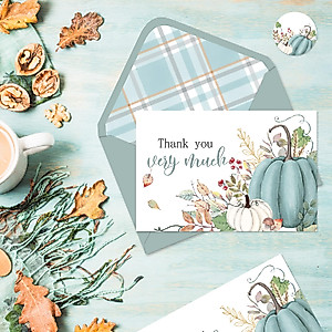 Whaline 24 Pack Fall Thank You Cards Bulk Blue Pumpkin Greeting Cards with Envelope Sticker Blank Note Cards for Autumn Birthday Baby Shower Party Supplies, 4 x 6 Inch