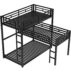 DNYN Twin Over Twin Triple Bunk Bed,L-Shaped Metal Bunkbeds with Safety Guardrails & Ladder,3 in 1 Sturdy Steel Bedframe,No Box Spring Needed & Space Saving Deisn, Black