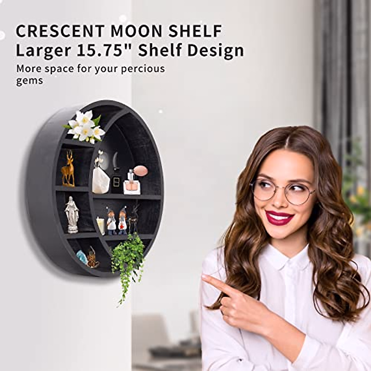 Myuilor Wooden Moon Shelf, 15.75Inch Crescent Moon Shelf for Crystals, Stones & Essential Oils, Crystal Shelf Display Pine Floating Circle Shelf, Crystal Moon Shelves
