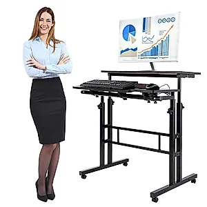 Ejoyous Height Adjustable Stand Up Desk, Mobile Standing Desk Sit to Stand Computer Desk Laptop Table Workstation with Rolling Wheels for Home Office
