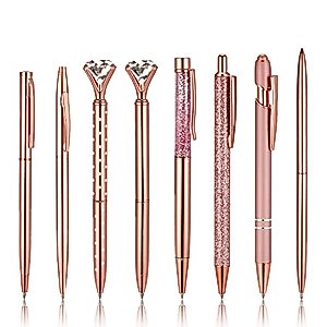 Rose Gold Ballpoint Pen Set, 8pcs Rose Gold Pens with Crystal Diamond Metal Diamond Pen Liquid Sand Glitter Pen for Office School Women Wedding Decor Gifts