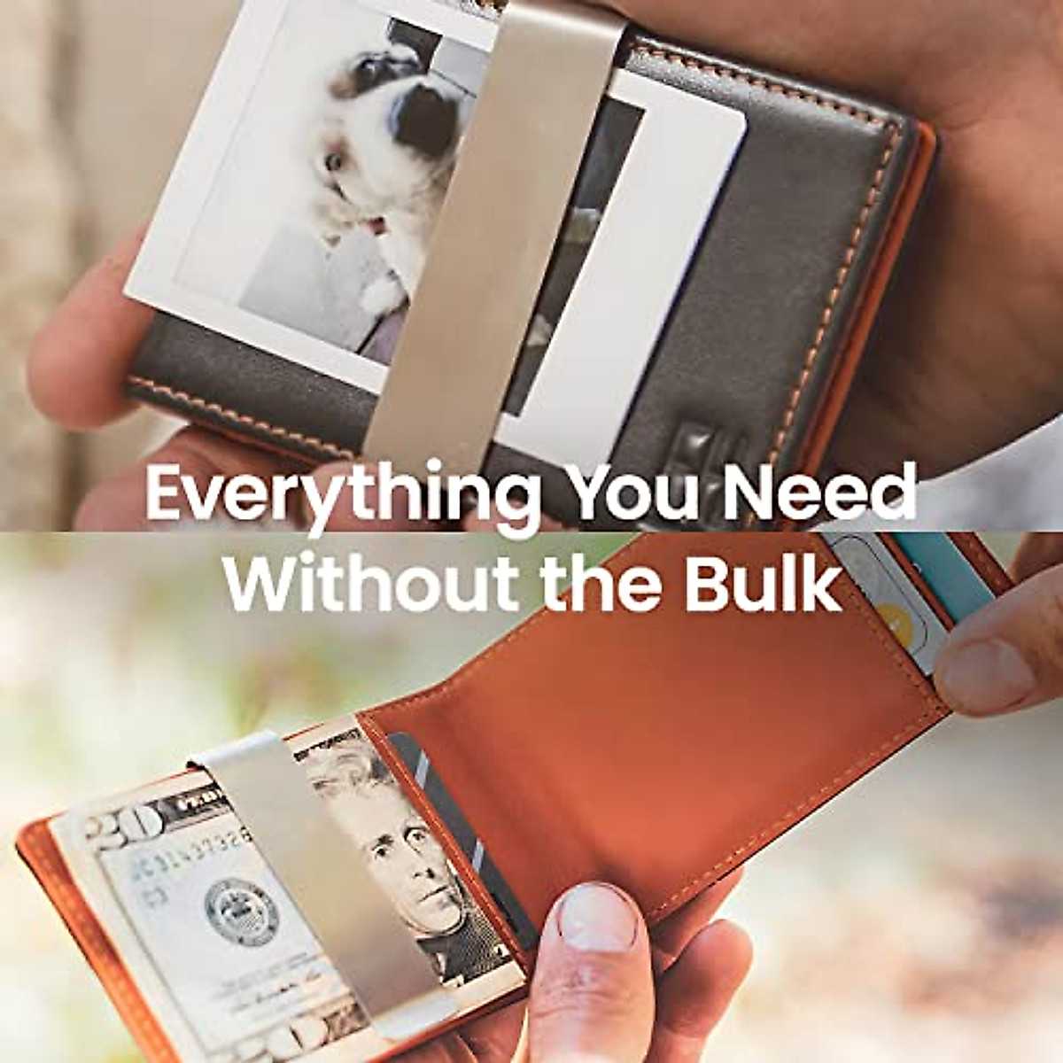 Forrest & Harold F&H Minimalist Men's Wallet RFID Blocking Wallet, Slim Leather Wallet Money Metal Clip Holds 8 Cards, Back and Front Pocket Wallets, Charcoal/Rust