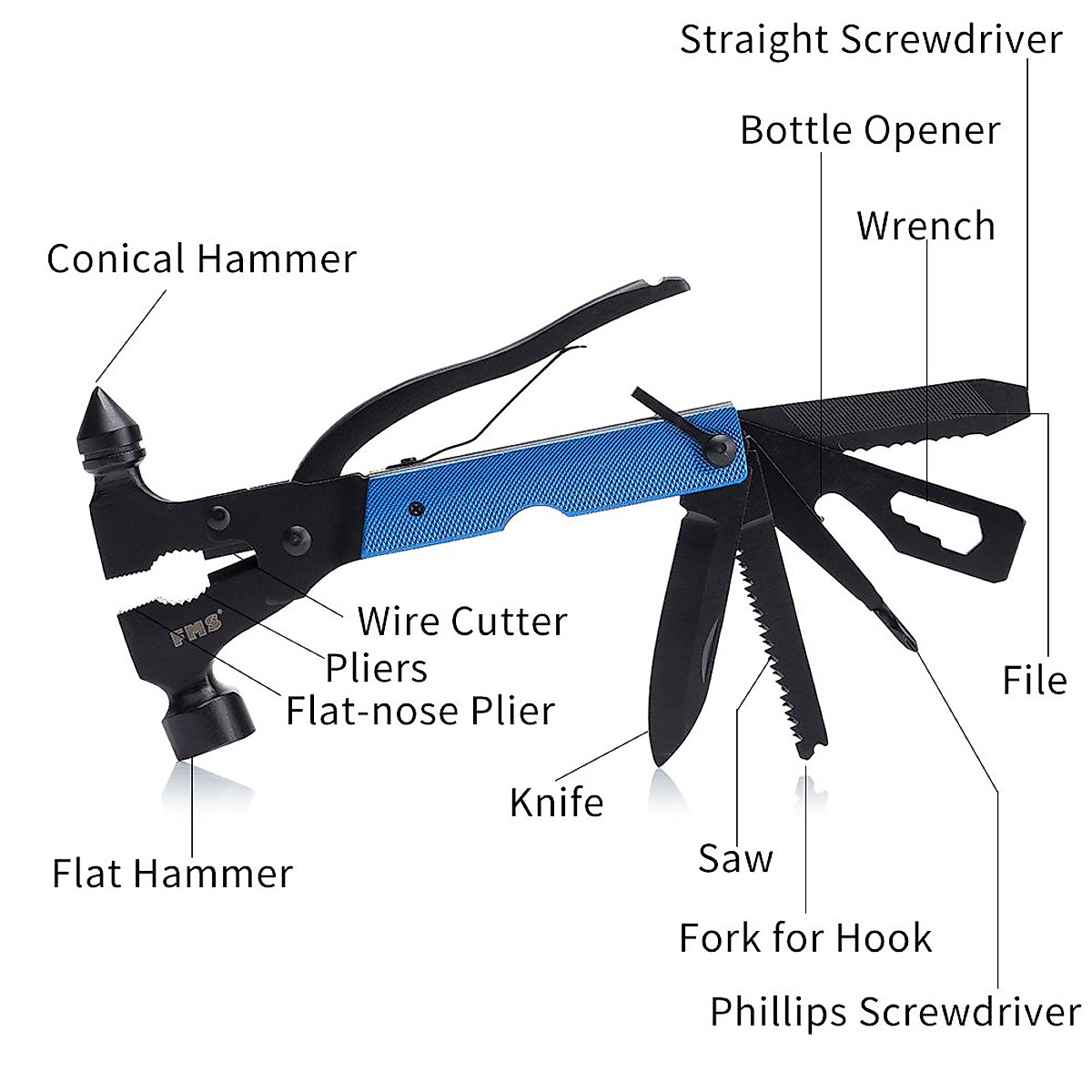 FMS Stainless Steel Multi Tool, Portable Multi-functional Hammer Kit with Nylon Belt Pouch for Car Emergency, Camping, Household