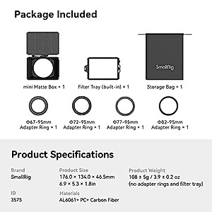 SmallRig Mini Matte Box Lite, DSLR Matte Box with Carbon Fiber Top Flag, for 67mm/72mm/77mm/82mm/95mm Lenses, for 4x5.65 Filter/Circular Filter - 3575
