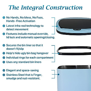 Dkeli Kitchen Trash Can for Bathroom Bedroom Home Office Automatic Touch Free High-Capacity Garbage Can with Lid Brushed Stainless Steel Waste Bin 13 Gallon / 50L - Blue