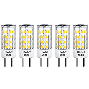 Maelsrlg GY6.35 LED Bulb, 4W(50W Equivalent), 12V-24V AC/DC, Warm White 3000K, 500 Lumens, T4 Type GY6.35 Bi-Pin Base Light Bulbs for Landscape Lighting, Pendant Light, Non-Dimmable, Pack of 5