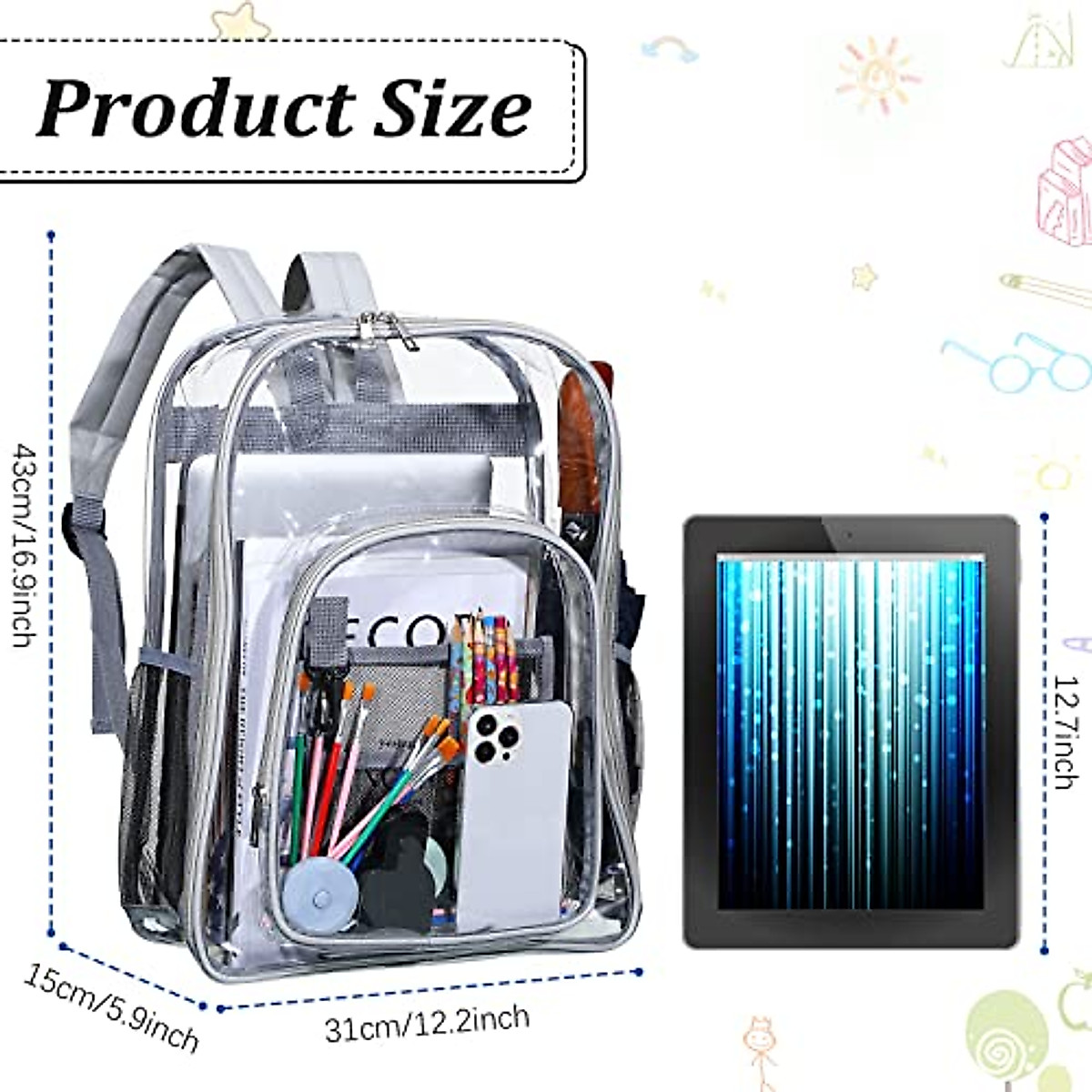Mixweer 6 Pcs Clear Backpacks Heavy Duty Clear Bookbags 16.9" Transparent School Bag with Straps Front Pocket for Boys Girls School Stadium, Black Gray Purple