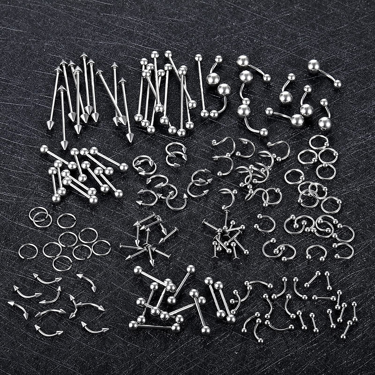 Xpircn 150PCS Mixed Piercing Stainless Steel Nose Horseshoe Lip Tongue Eyebrow Tragus Septum Clicker Body Piercing Navel Belly Ring Nipple Industrial Barbells 14G 16G 20G