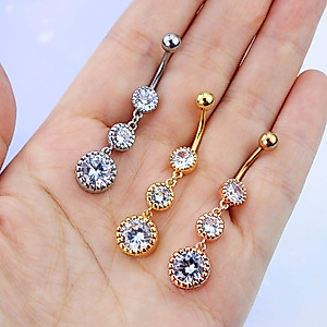COCHARM Gold Dangling Belly Button Rings 14g Stainless Steel Belly Piercing Long CZ Dangly Navel Rings for Women Dangle Belly Bar