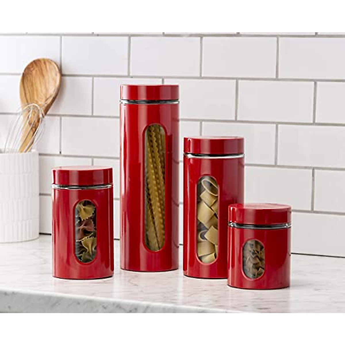 Quality Modern Red Stainless Steel Canister Set for Kitchen Counter with Glass Window & Airtight Lid - Food Storage Containers with Lids Airtight - Pantry Storage and Organization Set