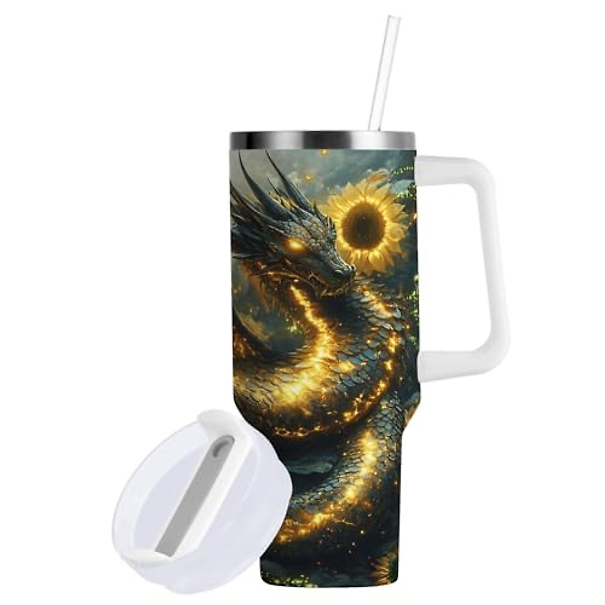 Slewiaeky Tumbler with Handle 40 oz Multicolor Dragon Wild Travel Mug with Lid and Straw Sunflower Stainless Steel Vacuum Insulated Water Bottle Cup for Iced Tea Coffee Cold Beverages Cup Holder Frie