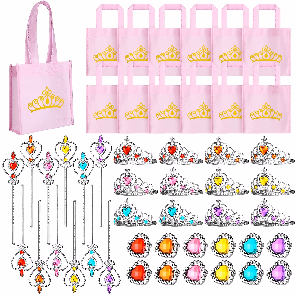 Yinder 12 Princess Party Favors Costume Dress up Accessories Set Included Gift Bags Princess Plastic Crown Tiara Rings and Wands Christmas Birthday Party Jewelry(Elegant Style)