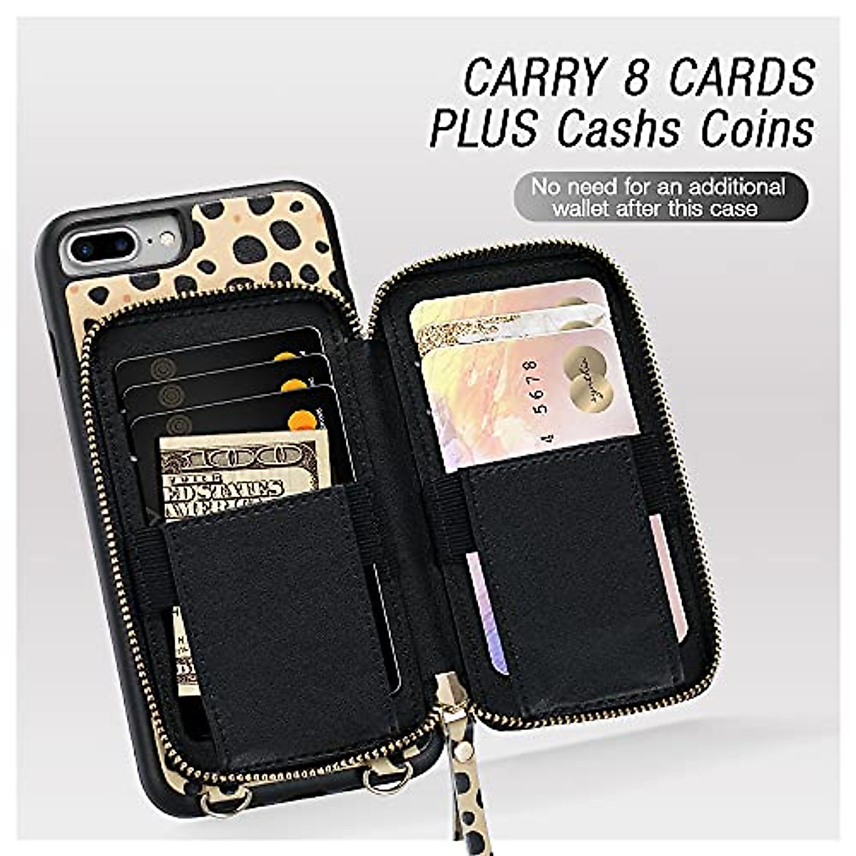 iPhone 8 Plus Crossbody Case, iPhone 7 Plus Wallet Case, ZVEdeng Zipper Wallet Card Holder Crossbody Strap Case for Women Leather Purse Case for iPhone 8 Plus/7 Plus 5.5'' Cheetah Print Skin