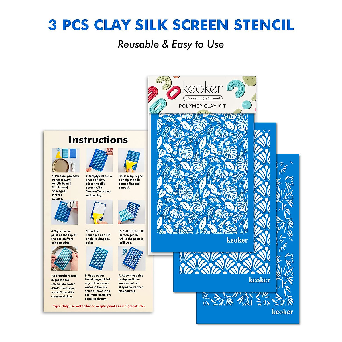 Silk Screen Stencils for Polymer Clay, 3 PCS Reusable Silkscreen Print Kit,for Printing on Clay & Other Jewelry Clay Earrings Decoration, Each 6" X 3.8"