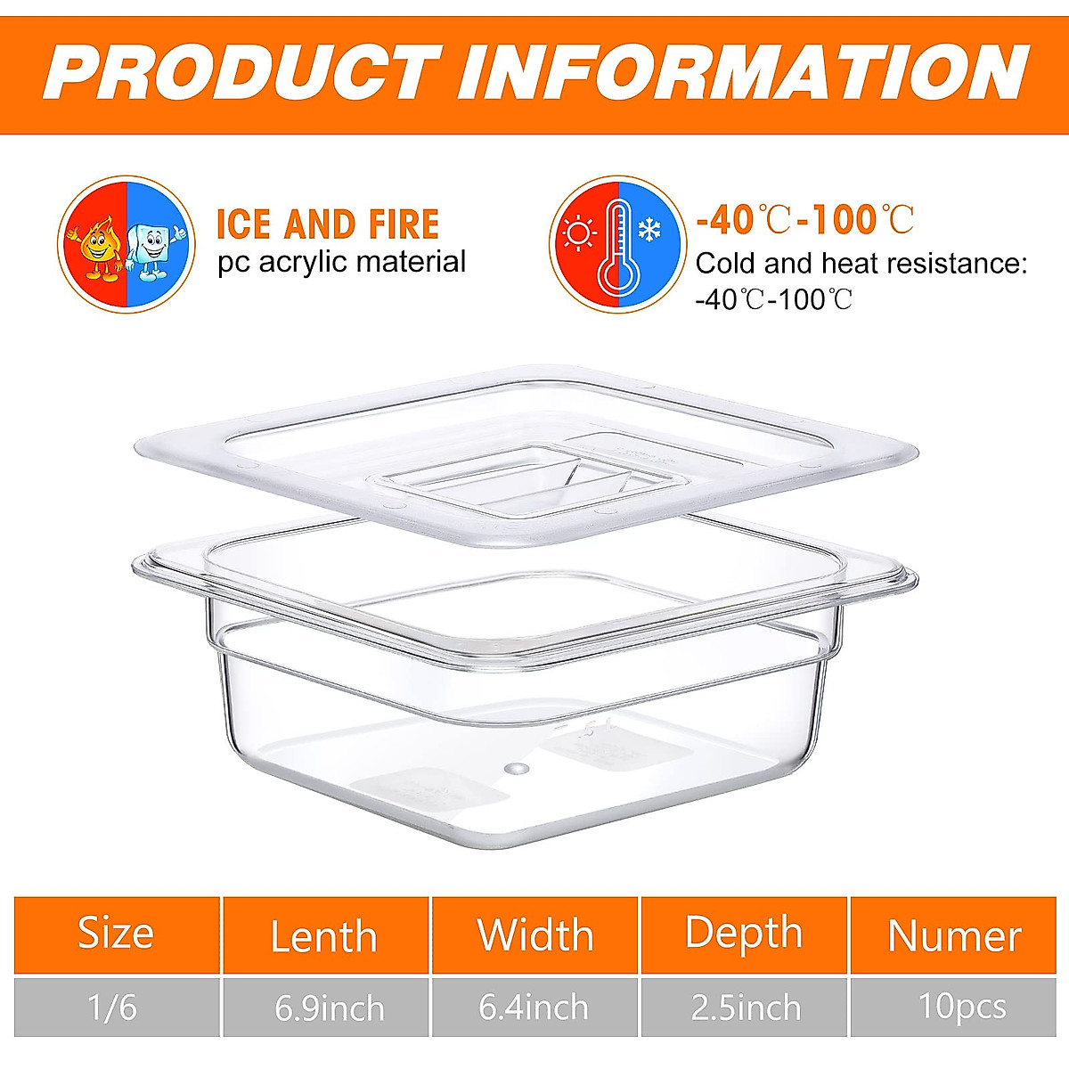 Sieral Clear 1/6 Size Food Pan Restaurant Containers with Lids Square Cambro Food Storage Polycarbonate Salad Bar Containers Commercial Hotel Pans for Kitchen Food Prep (10 Pcs, 2.6 Inch, 1 Quart)