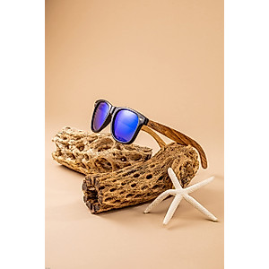 Woodies Zebra Wood Sunglasses with Blue Mirrored Polarized Lens and Real Wooden Frame for Men and Women | 100% UVA/UVB Protection