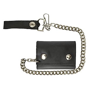 BLACK GENUINE LEATHER Trifold Biker's Wallet ID Card Holder w/Chain Skull