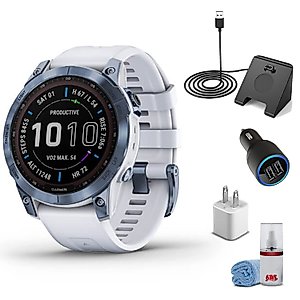 Garmin Fenix 7 Sapphire Solar Edition Smart Watch Mineral Blue Titanium with Whitestone Band (47mm) + Watch Charging Stand + USB Car/Wall Adapter + 6TH AVE Cleaning Kit (010-02540-24)