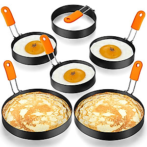 6 Pcs Professional Egg Ring Pancake Ring Set Stainless Steel Fried Egg Ring Griddle Pancake Shapers with Orange Silicone Handle for Breakfast Omelette Sandwich (4, 6 Inch)
