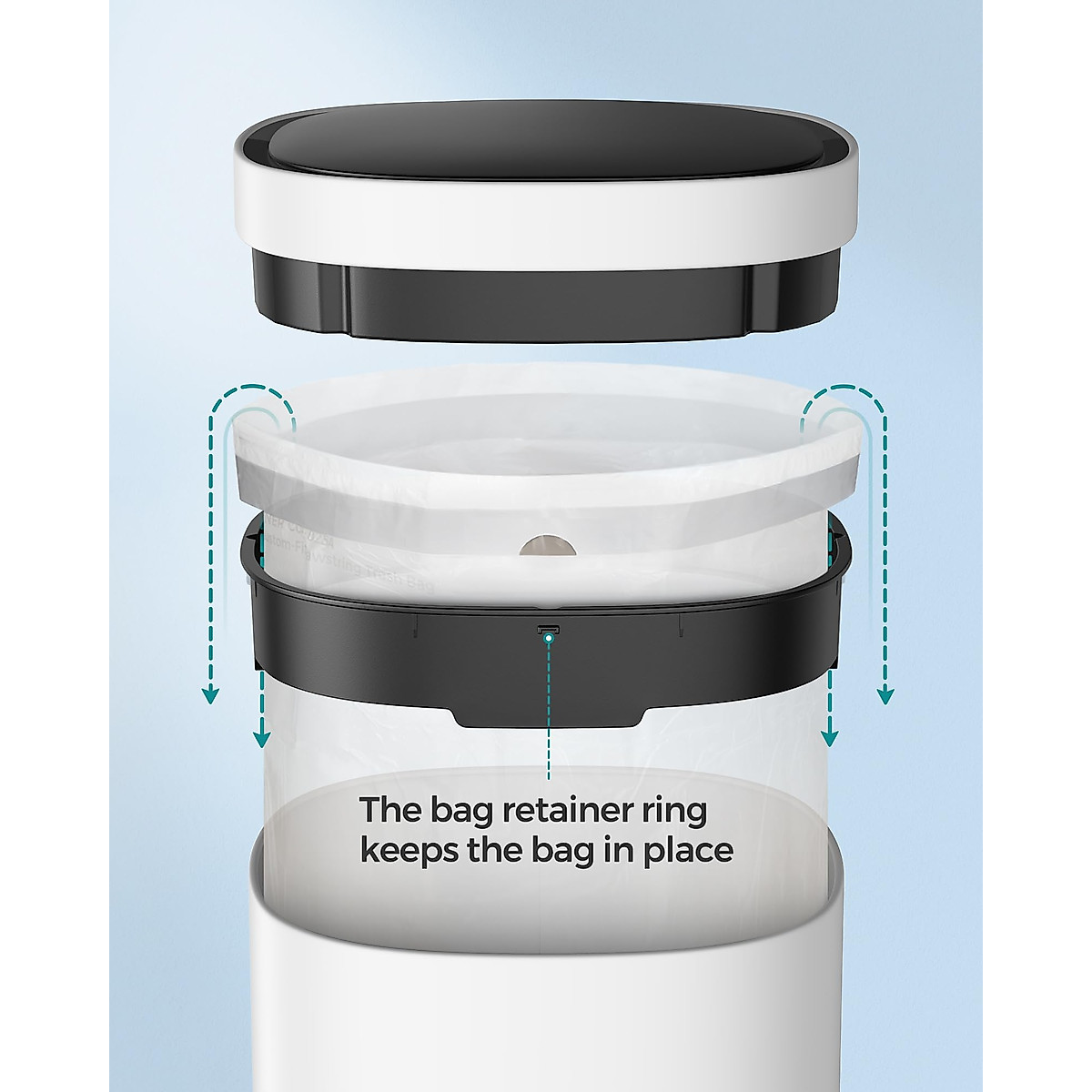 SONGMICS Motion Sensor Trash Can, 13 Gallon Automatic Kitchen Garbage Can, Multi-Colored Indicator Lights, Ozone Odor Control, Stay-Open Lid, Tall, Stainless Steel, White ULTB620W50