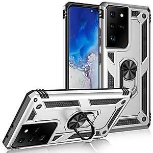 Military Grade Drop Impact for Samsung Galaxy S21 Ultra Case Galaxy S21 Ultra 5G Case Metal Rotating Ring Kickstand Holder Armor Heavy Duty Shockproof Case Galaxy S21 Ultra Phone Case (Silver)