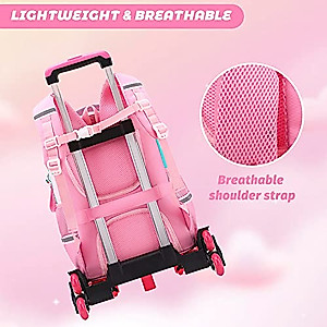 Tanou Girls Rolling Backpack with 6 Wheels, 16 Inch Lightweight Roller Backpacks for Girls Elementary, Carry-on Wheeled Backpack for School Travel, Over 4 Years Old, Pink Purple