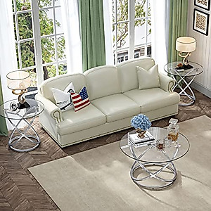 OIOG Round Coffee Table, Glass Coffee Tables for Living Room, Modern Coffee Table with Tempered Glass Tabletop, Chrome Finish (Silver)