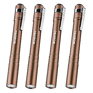 WORKPRO LED Pen Light, Aluminum Pen Flashlights, Pocket Flashlight with Clip for Inspection, Emergency, Everyday, 2AAA Batteries Include, Brown(4-Pack)