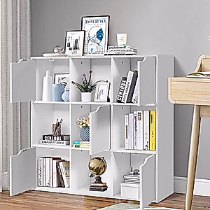 Giantex 9-Cube Storage Organizer, Storage Cabinet with 4 Open Cubes and 5 Cabinets, Free Standing Wooden Cubby Bookcase, Compartment Units for Home Office, 3-Tier Bookshelf for Books, Toys