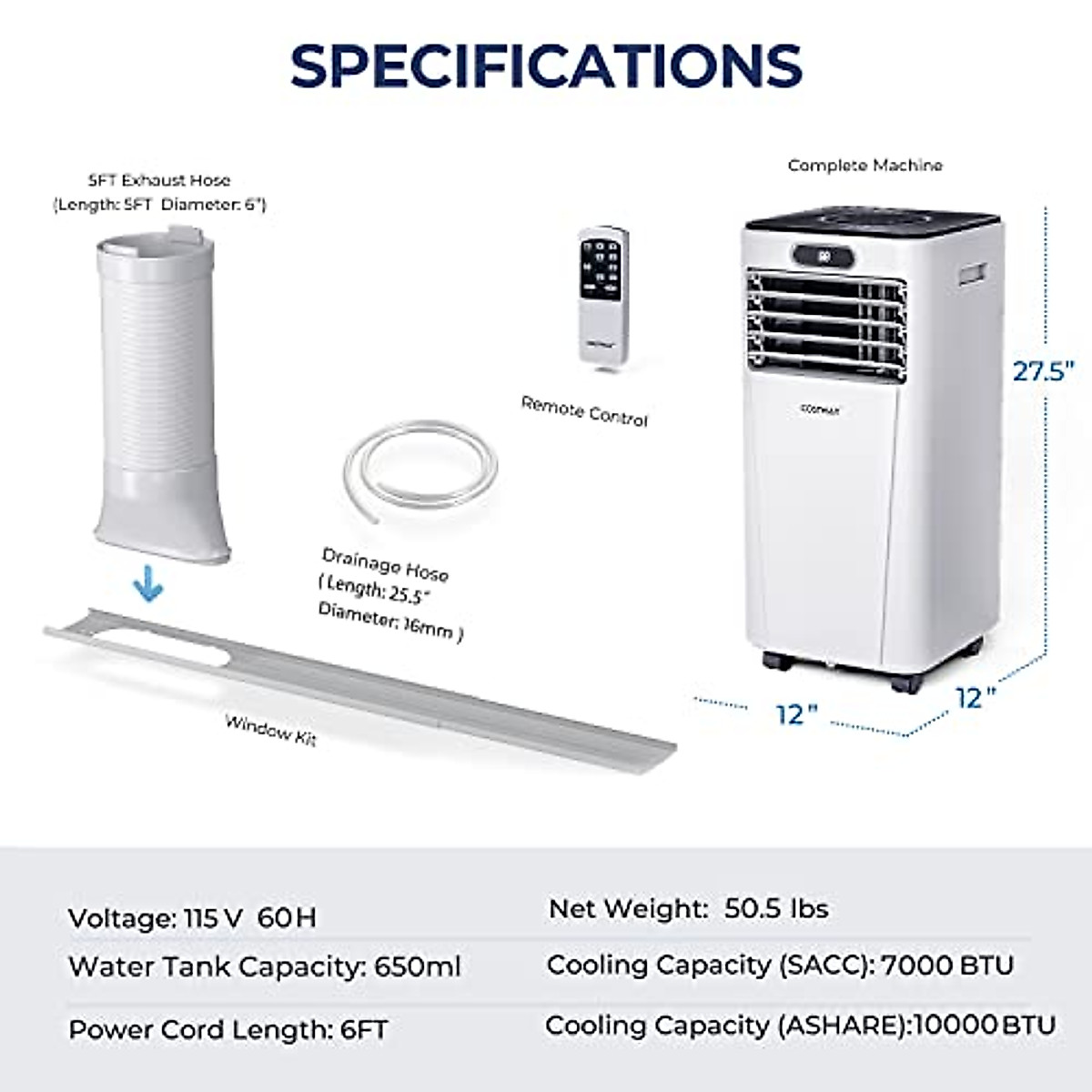 COSTWAY Portable Air Conditioner, 8000BTU Air Cooler with Drying, Fan, Sleep Mode, 2 Speeds, 24H Timer Function, Remote Control, Cools Room up to 230 Sq. ft, Air Cooling Fan for Home & Office Use, Window Kit Included, White(8000BTU)