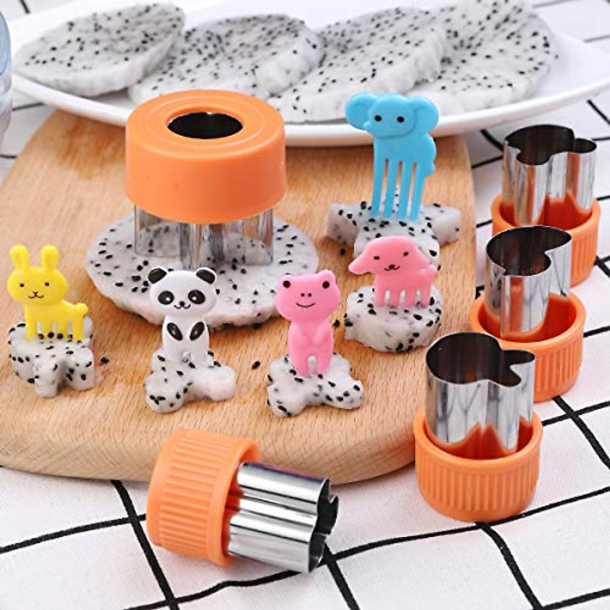Vegetable Cutters Shapes Set, 20pcs Stainless Steel Mini Cookie Cutters, Vegetable Cutter and Fruit Stamps Mold + 20pcs Cute Cartoon Animals Food Picks and Forks -for Kids Baking and Food Supplement