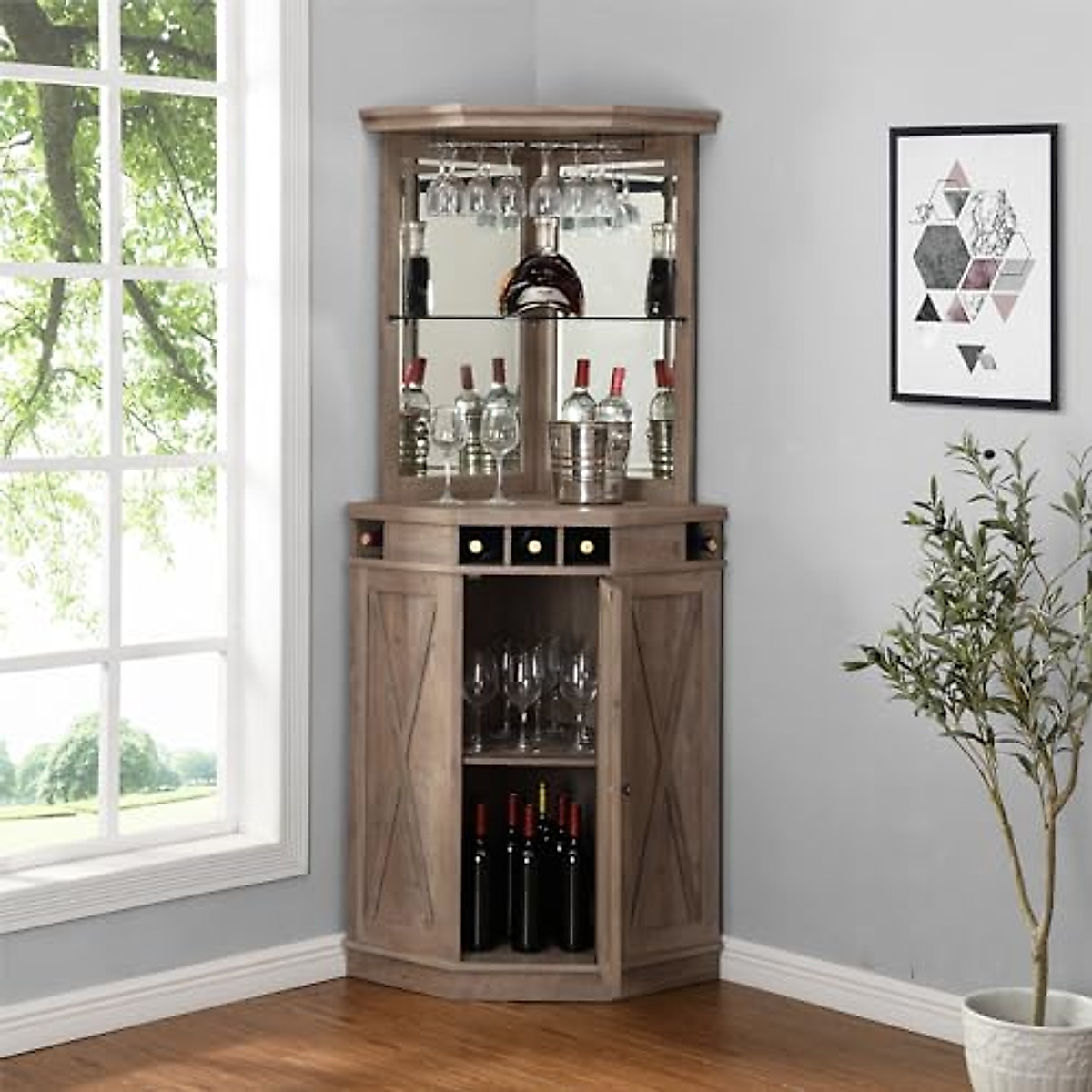 Home Source 73" Tall Corner Storage Cabinet with Wood Doors, Wine Rack, Liquor Glass Holder, Glass Design Large Rustic Bar Hutch for Living Room, Home Office, Kitchen, Small Space, Stone Grey