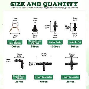 Keadic 380Pcs Barbed Connectors Irrigation Fittings Kit Contains Elbows, End Plug, Tees, 4-Way Coupling, Straight Barbs, Single Barbs Irrigation Barbed Connectors for 1/4" Tubing Sprinkler Drip Systems