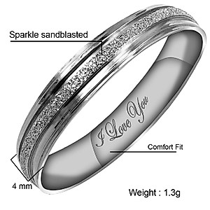 Everstone Women's Sparkle 4MM Flat Promise Ring Wedding Bands Titanium Ring Color: Platinum Engraved I Love You