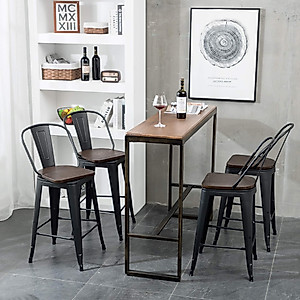 Aklaus Swivel Metal Bar Stools Set of 4 Counter Height Stools Counter Bar Stools with Back Swivel Metal Bar Chairs Wooded Seat 26 Inch Matte Black barstools