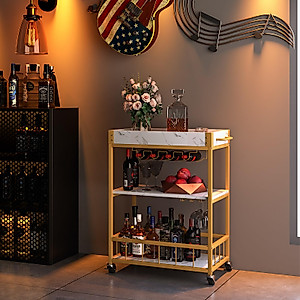 Azheruol Bar Cart White Marble 3 Tiers Removable Storage Tray with Wine Rack & Wine Glasses Holder,Rolling Beverage Cart,Mobile with Handle, Wood & Gold Steels Home Kitchen Shelf for Party