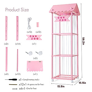 mloong Large Stuffed Animal Zoo Storage, 58" Tall Wooden Stuffed Animal Cage, Stuffed Animal Zoo Wood Soft Toy Organizer, Applicable Kids Nursery Play Room Bedroom (Pink)